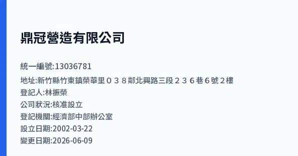 鼎冠營造有限公司的照片-統編 13036781(新竹縣) 公司登記資料與營業項目詳細圖表