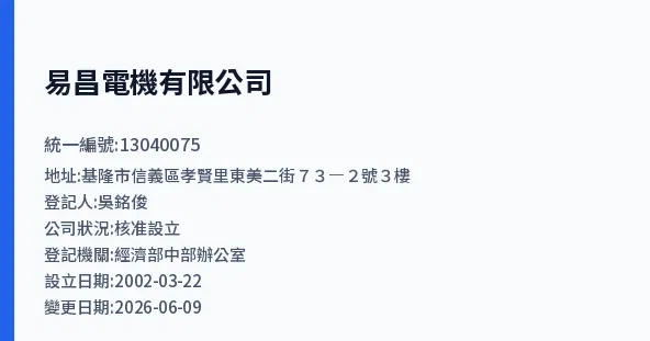 易昌電機有限公司的照片-統編 13040075(基隆市) 公司登記資料與營業項目詳細圖表