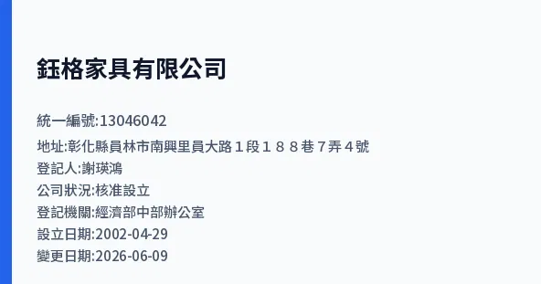 鈺格家具有限公司的照片-統編 13046042(彰化縣) 公司登記資料與營業項目詳細圖表