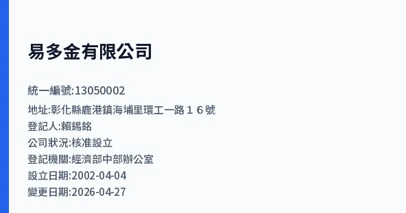 易多金有限公司的照片-統編 13050002(彰化縣) 公司登記資料與營業項目詳細圖表