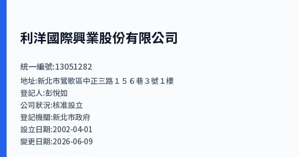 利洋國際興業股份有限公司的照片-統編 13051282(新北市) 公司登記資料與營業項目詳細圖表