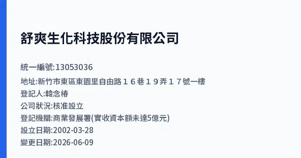 舒爽生化科技股份有限公司的照片-統編 13053036(新竹市) 公司登記資料與營業項目詳細圖表