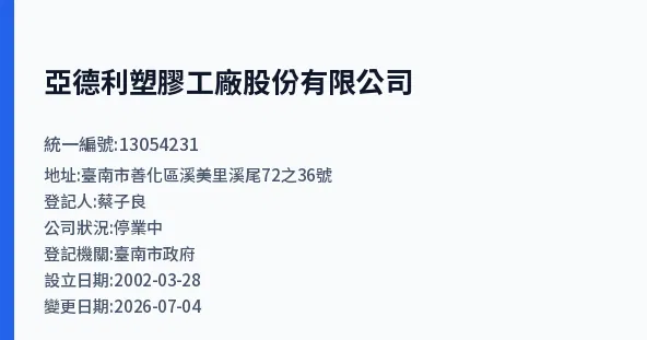 亞德利塑膠工廠股份有限公司的照片-統編 13054231(臺南市) 公司登記資料與營業項目詳細圖表