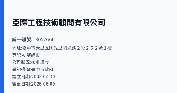 亞際工程技術顧問有限公司的照片-統編 13057666(臺中市) 公司登記資料與營業項目詳細圖表