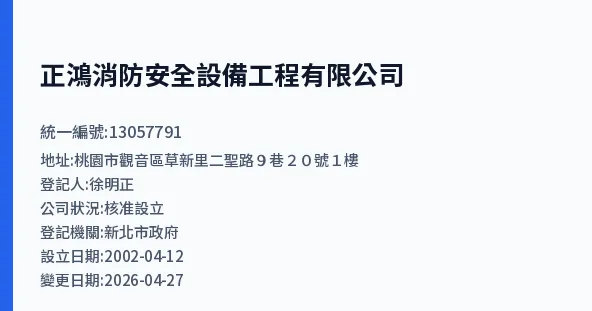 正鴻消防安全設備工程有限公司的照片-統編 13057791(桃園市) 公司登記資料與營業項目詳細圖表