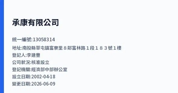 承康有限公司的照片-統編 13058314(南投縣) 公司登記資料與營業項目詳細圖表