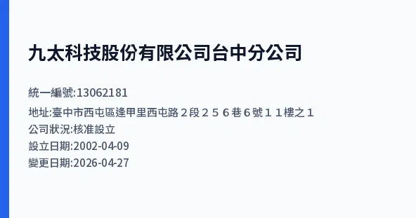 九太科技股份有限公司台中分公司的照片-統編 13062181(臺中市) 公司登記資料與營業項目詳細圖表