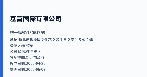 基富國際有限公司的照片-統編 13064759(新北市) 公司登記資料與營業項目詳細圖表