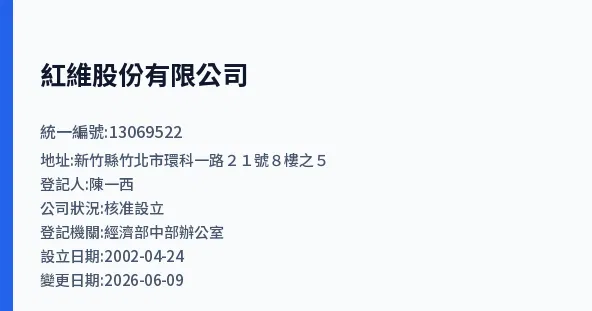 紅維股份有限公司的照片-統編 13069522(新竹縣) 公司登記資料與營業項目詳細圖表