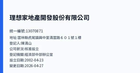 理想家地產開發股份有限公司的照片-統編 13070871(雲林縣) 公司登記資料與營業項目詳細圖表