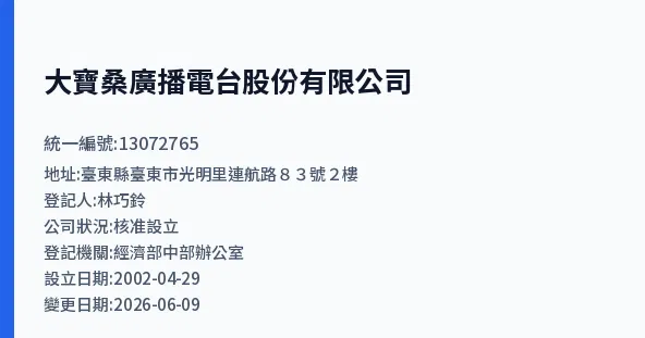 大寶桑廣播電台股份有限公司的照片-統編 13072765(臺東縣) 公司登記資料與營業項目詳細圖表