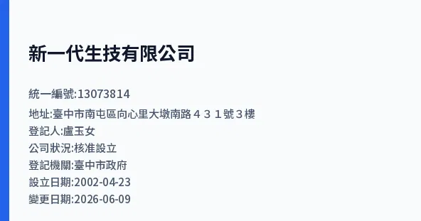 新一代生技有限公司的照片-統編 13073814(臺中市) 公司登記資料與營業項目詳細圖表