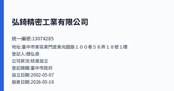 弘錡精密工業有限公司的照片-統編 13074285(臺中市) 公司登記資料與營業項目詳細圖表
