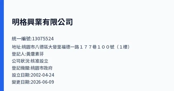 明格興業有限公司的照片-統編 13075524(桃園市) 公司登記資料與營業項目詳細圖表