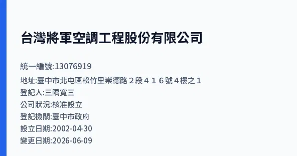 台灣將軍空調工程股份有限公司的照片-統編 13076919(臺中市) 公司登記資料與營業項目詳細圖表