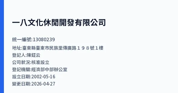 一八文化休閒開發有限公司的照片-統編 13080239(臺東縣) 公司登記資料與營業項目詳細圖表
