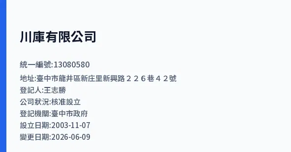 川庫有限公司的照片-統編 13080580(臺中市) 公司登記資料與營業項目詳細圖表