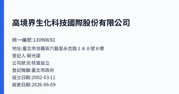 高境界生化科技國際股份有限公司的照片-統編 13090692(臺北市) 公司登記資料與營業項目詳細圖表