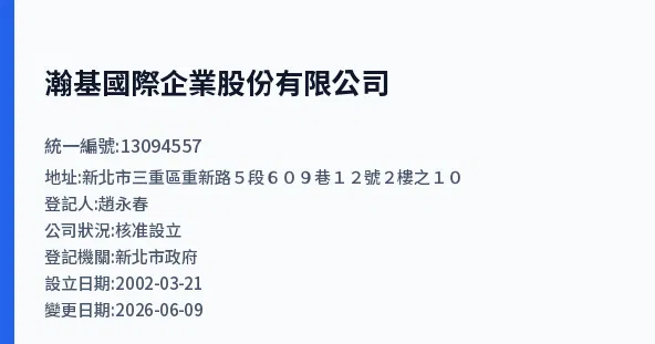 瀚基國際企業股份有限公司的照片-統編 13094557(新北市) 公司登記資料與營業項目詳細圖表