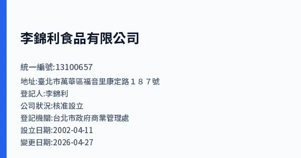 李錦利食品有限公司的照片-統編 13100657(臺北市) 公司登記資料與營業項目詳細圖表