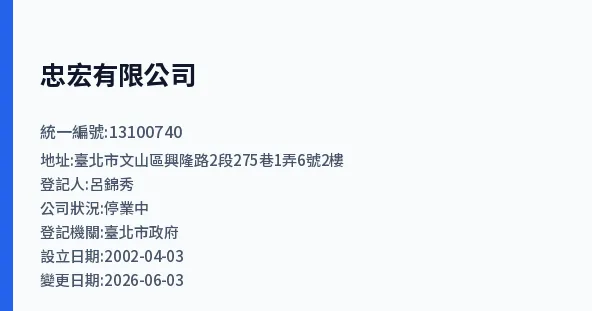 忠宏有限公司的照片-統編 13100740(臺北市) 公司登記資料與營業項目詳細圖表