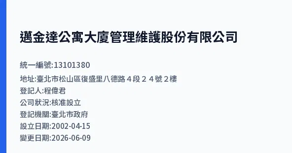邁金達公寓大廈管理維護股份有限公司的照片-統編 13101380(臺北市) 公司登記資料與營業項目詳細圖表