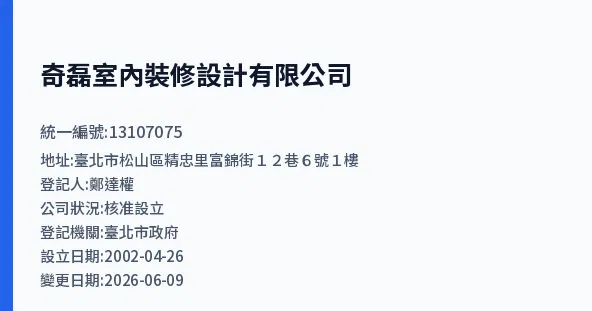 奇磊室內裝修設計有限公司的照片-統編 13107075(臺北市) 公司登記資料與營業項目詳細圖表