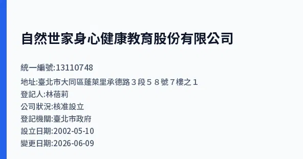 自然世家身心健康教育股份有限公司的照片-統編 13110748(臺北市) 公司登記資料與營業項目詳細圖表