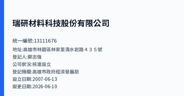 瑞研材料科技股份有限公司的照片-統編 13111676(高雄市) 公司登記資料與營業項目詳細圖表