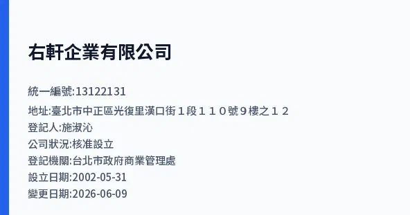 右軒企業有限公司的照片-統編 13122131(臺北市) 公司登記資料與營業項目詳細圖表