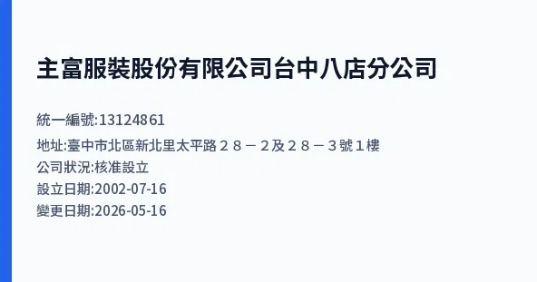 主富服裝股份有限公司台中八店分公司的照片-統編 13124861(臺中市) 公司登記資料與營業項目詳細圖表