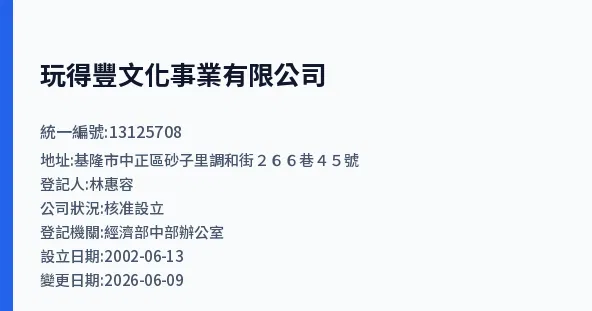玩得豐文化事業有限公司的照片-統編 13125708(基隆市) 公司登記資料與營業項目詳細圖表