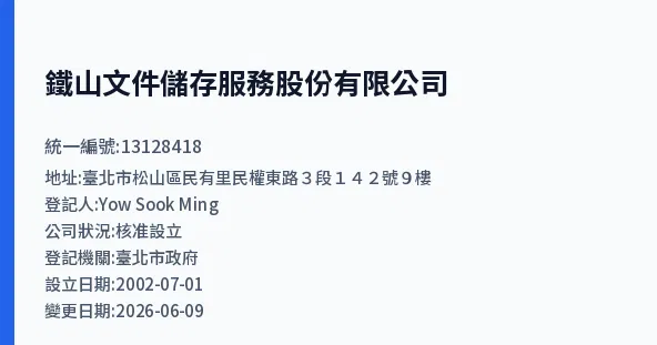 鐵山文件儲存服務股份有限公司的照片-統編 13128418(臺北市) 公司登記資料與營業項目詳細圖表