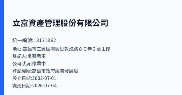 立富資產管理股份有限公司的照片-統編 13131862(高雄市) 公司登記資料與營業項目詳細圖表