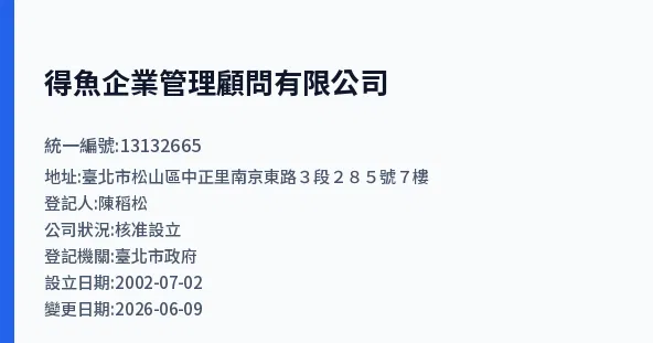 得魚企業管理顧問有限公司的照片-統編 13132665(臺北市) 公司登記資料與營業項目詳細圖表