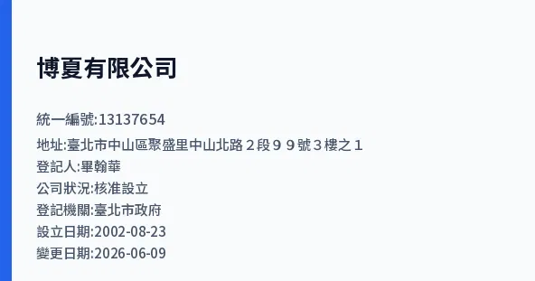 博夏有限公司的照片-統編 13137654(臺北市) 公司登記資料與營業項目詳細圖表