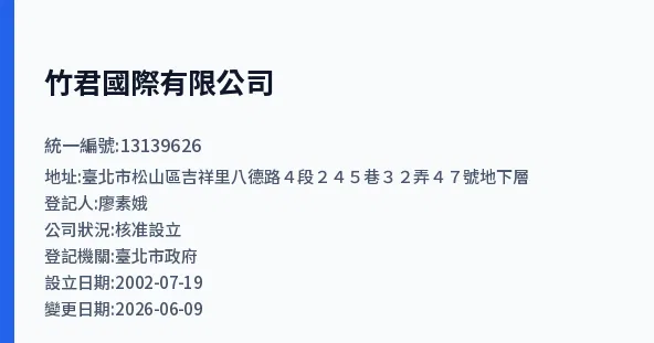竹君國際有限公司的照片-統編 13139626(臺北市) 公司登記資料與營業項目詳細圖表