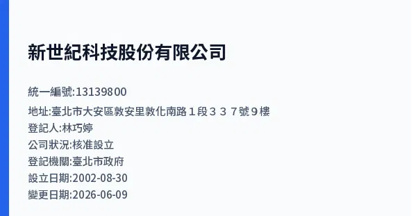 新世紀科技股份有限公司的照片-統編 13139800(臺北市) 公司登記資料與營業項目詳細圖表