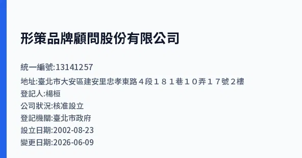 形策品牌顧問股份有限公司的照片-統編 13141257(臺北市) 公司登記資料與營業項目詳細圖表