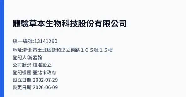 體驗草本生物科技股份有限公司的照片-統編 13141290(新北市) 公司登記資料與營業項目詳細圖表