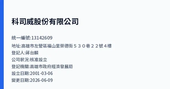 科司威股份有限公司的照片-統編 13142609(高雄市) 公司登記資料與營業項目詳細圖表