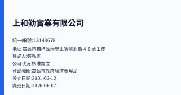上和勤實業有限公司的照片-統編 13143678(高雄市) 公司登記資料與營業項目詳細圖表