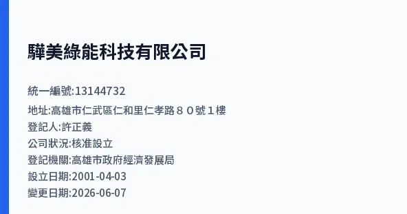驊美綠能科技有限公司的照片-統編 13144732(高雄市) 公司登記資料與營業項目詳細圖表