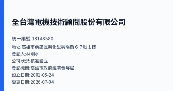 全台灣電機技術顧問股份有限公司的照片-統編 13148580(高雄市) 公司登記資料與營業項目詳細圖表