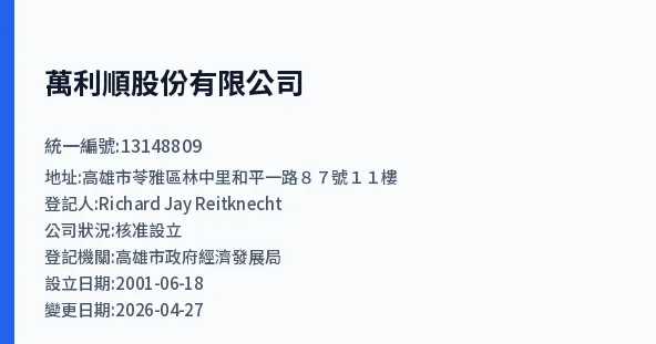 萬利順股份有限公司的照片-統編 13148809(高雄市) 公司登記資料與營業項目詳細圖表