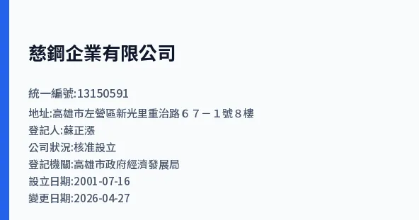 慈鋼企業有限公司的照片-統編 13150591(高雄市) 公司登記資料與營業項目詳細圖表