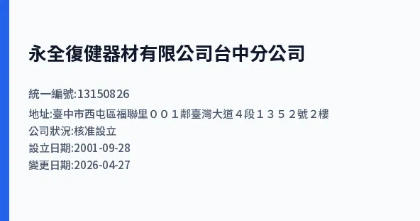 永全復健器材有限公司台中分公司的照片-統編 13150826(臺中市) 公司登記資料與營業項目詳細圖表