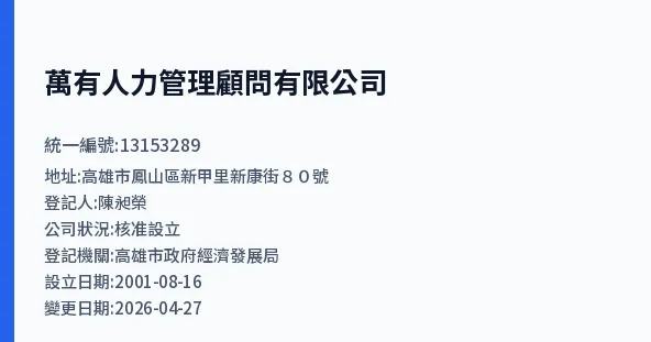 萬有人力管理顧問有限公司的照片-統編 13153289(高雄市) 公司登記資料與營業項目詳細圖表