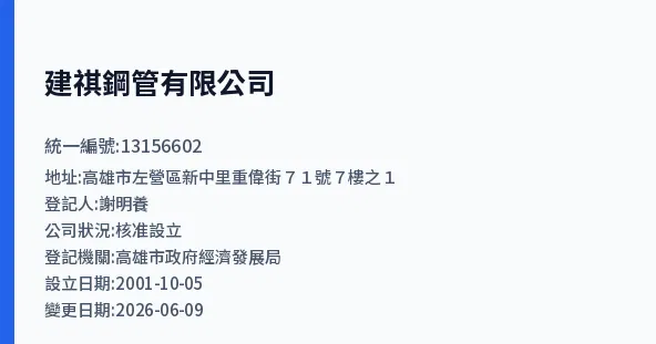 建祺鋼管有限公司的照片-統編 13156602(高雄市) 公司登記資料與營業項目詳細圖表