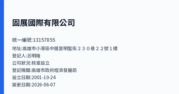 固展國際有限公司的照片-統編 13157855(高雄市) 公司登記資料與營業項目詳細圖表